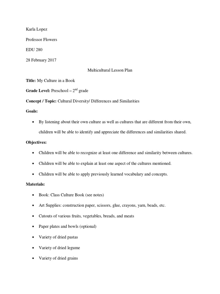 Multicultural Lesson Plan for Preschool | PDF | Lesson Plan ...
