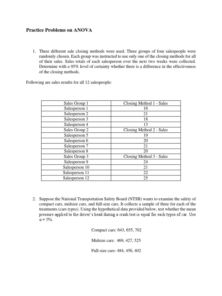 Practice Problems On ANOVA | PDF | Analysis Of Variance | Pain Management