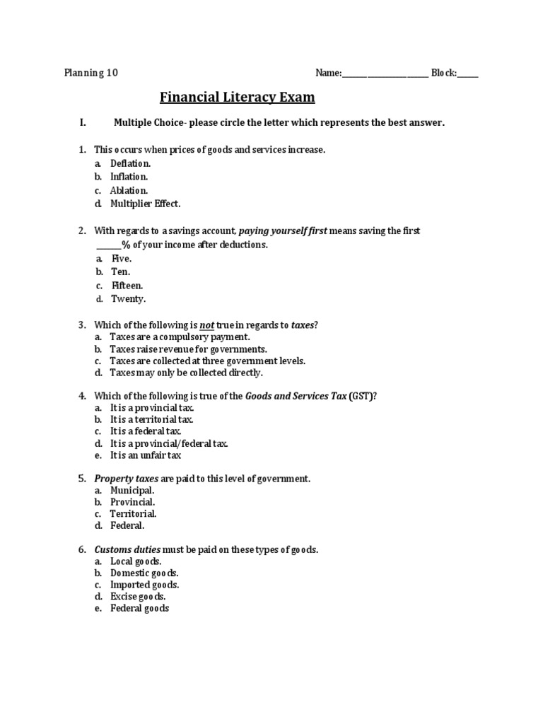 Financial Literacy Exam Questions | PDF | Interest | Yield (Finance)