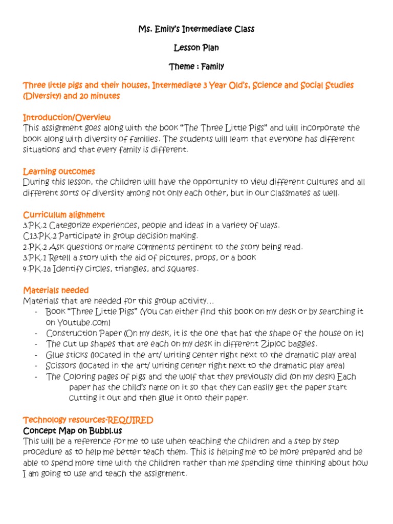 Three Little Pigs Family Lesson Plan | PDF | Lesson Plan | Teachers