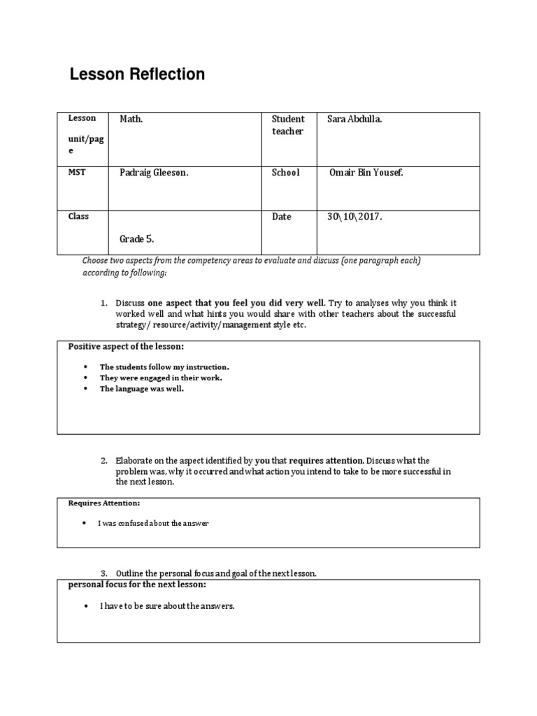 Lesson Reflection - Math2 | PDF