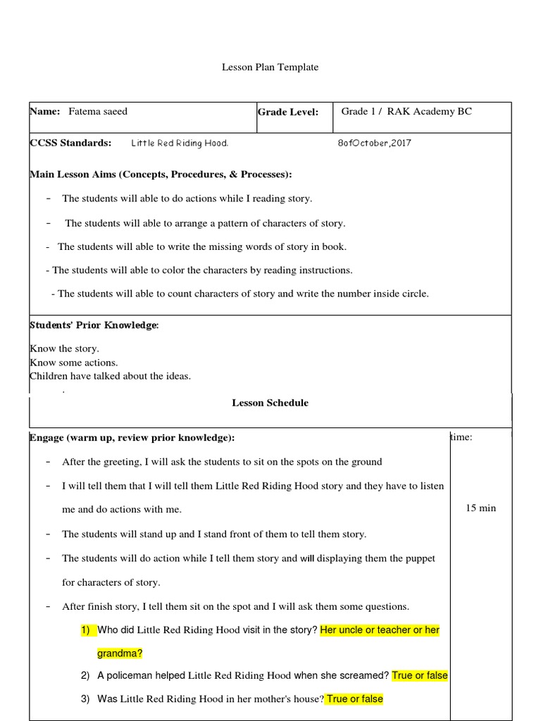 Lesson Plan Little Red Riden Hood | PDF | Lesson Plan | Teaching