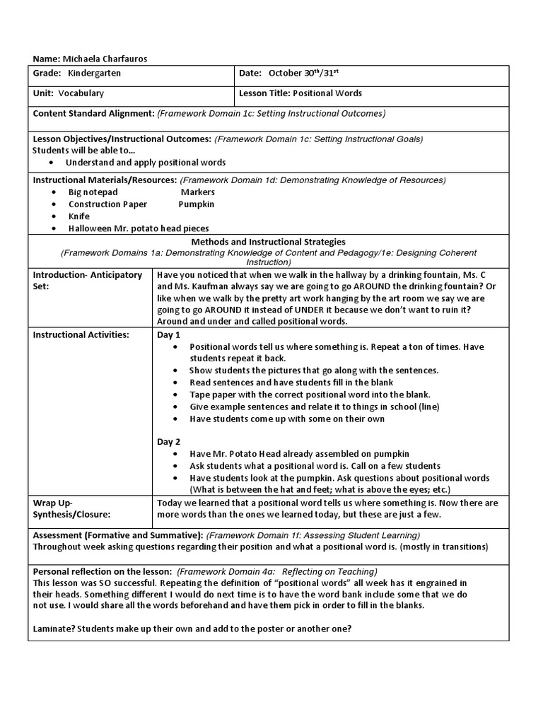 Positional Words Lesson Plan | Educational Assessment | Applied Psychology