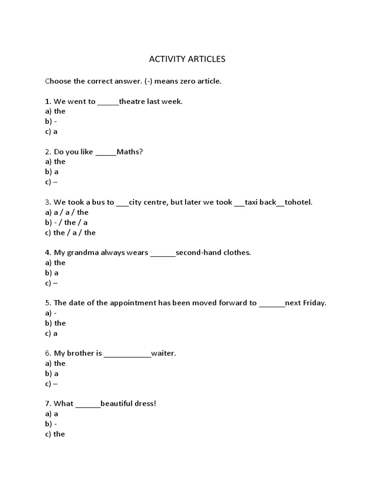 Exercise Grammar Unit 1 - Articles | PDF