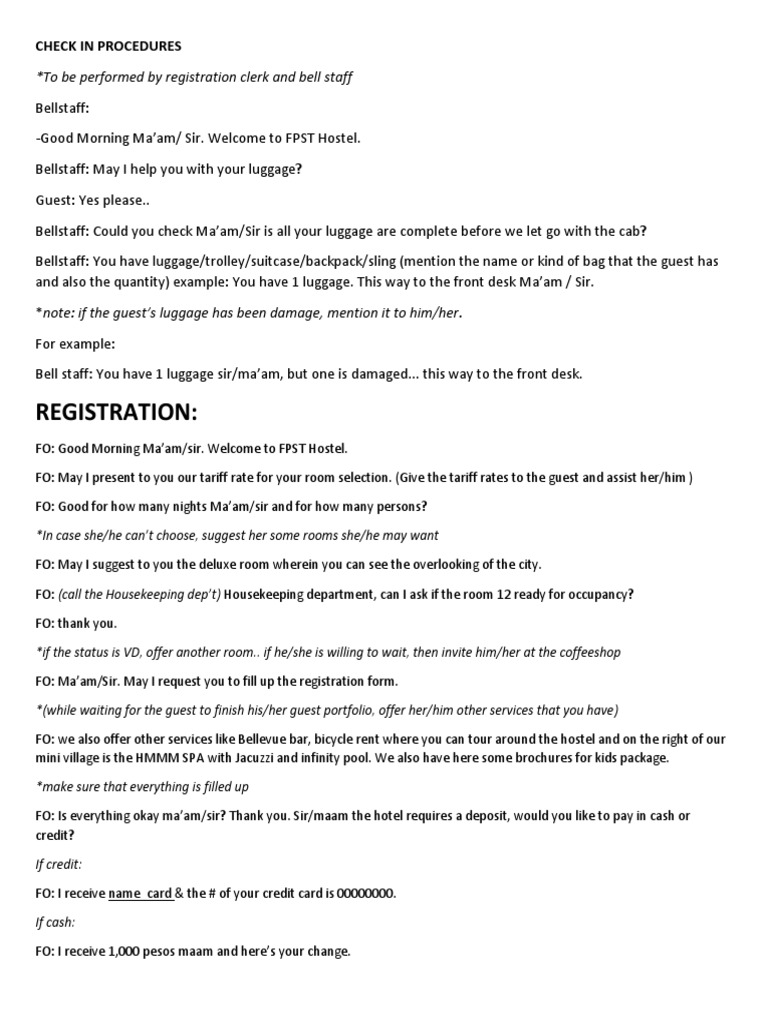Check in Preocedures Dialogue | PDF | Hostel