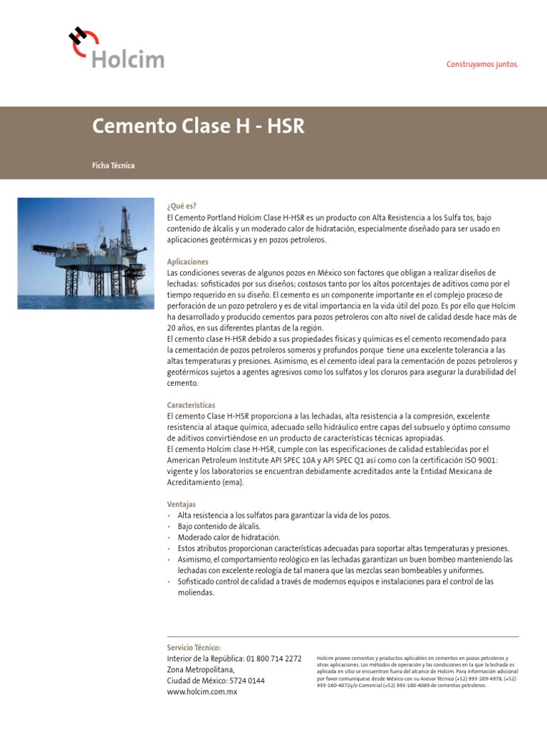 Ficha Técnica Cemento Clase H-HSR | Cemento | Petróleo