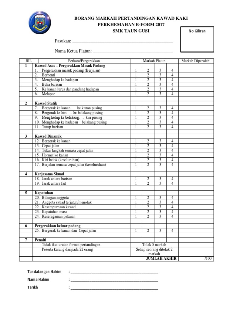 Borang Pemarkahan Kawad Kaki B-Form 2017 | PDF