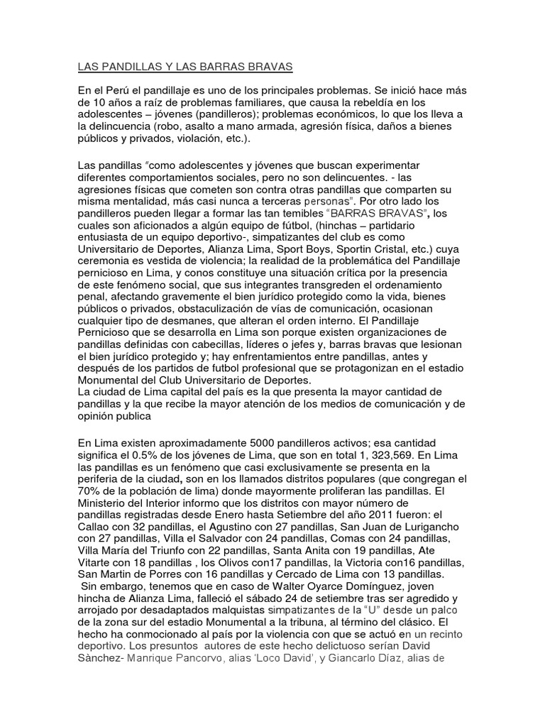 Las Pandillas y Las Barras Bravas | PDF | Juventud | La dependencia de sustancias