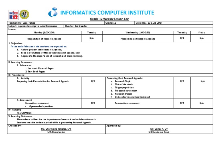 Informatics Computer Institute: Grade 12 Weekly Lesson Log | PDF ...