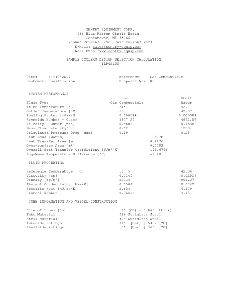 Cooler 171110 (r0) Seleccion de Enfriador y Calculo Tlr-4225-U | PDF | Heat Transfer | Gases