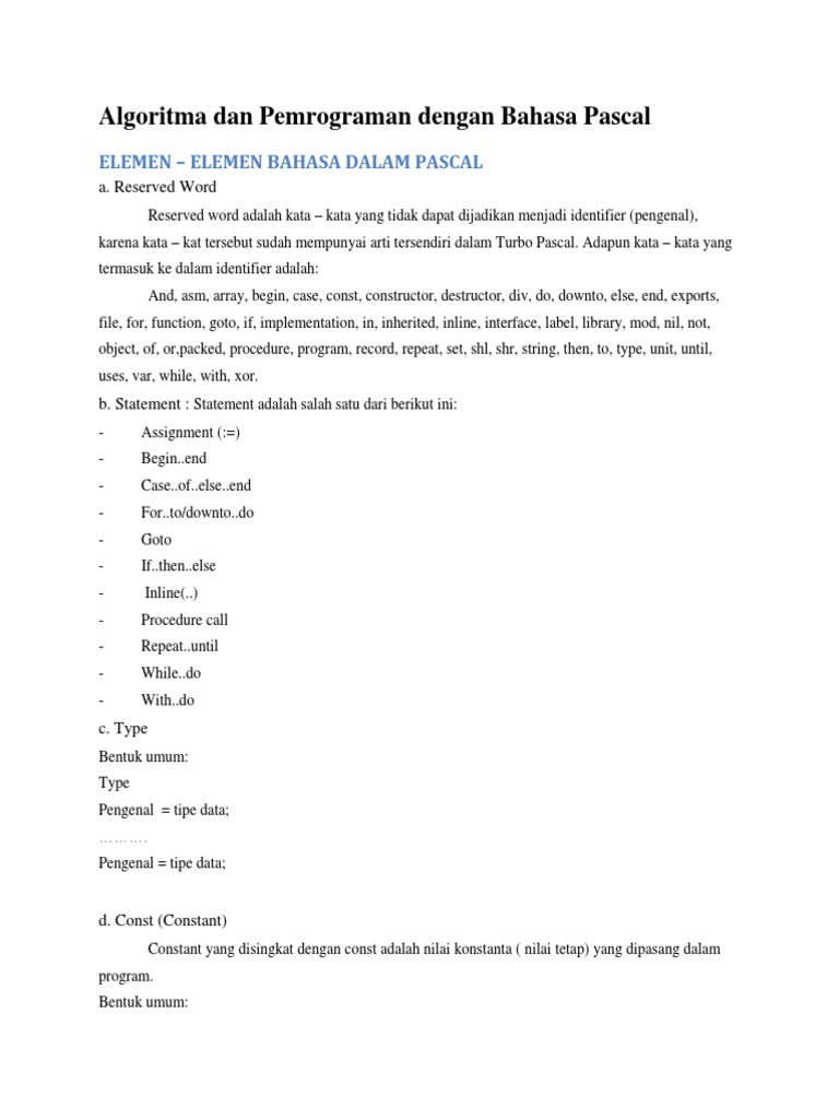 Algoritma Dan Pemrograman Dengan Bahasa Pascal | PDF