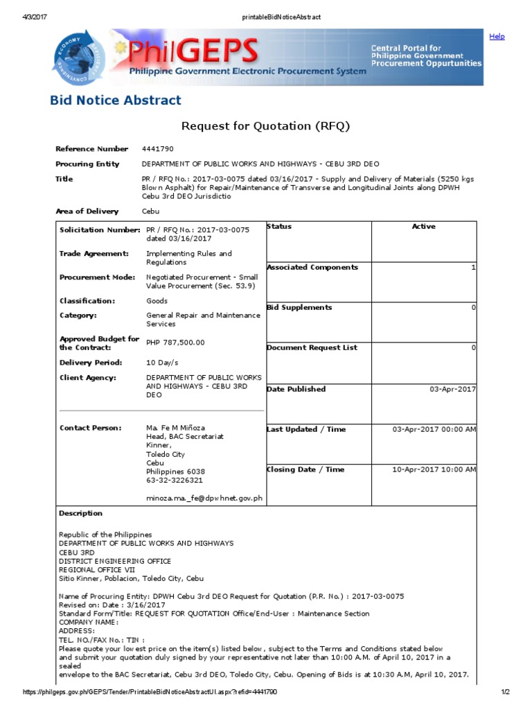 Bid Notice Abstract: Request For Quotation (RFQ) | PDF | Procurement ...