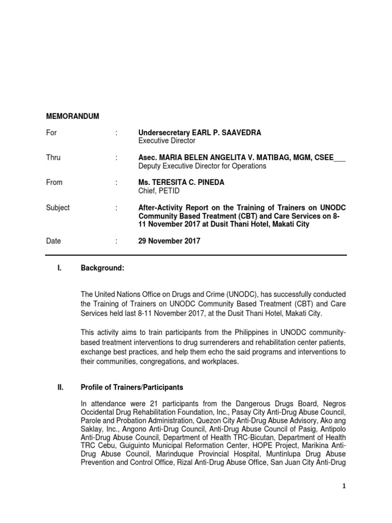 After-Activity Report UNODC CBT Dusit Thani | PDF | Substance Abuse ...