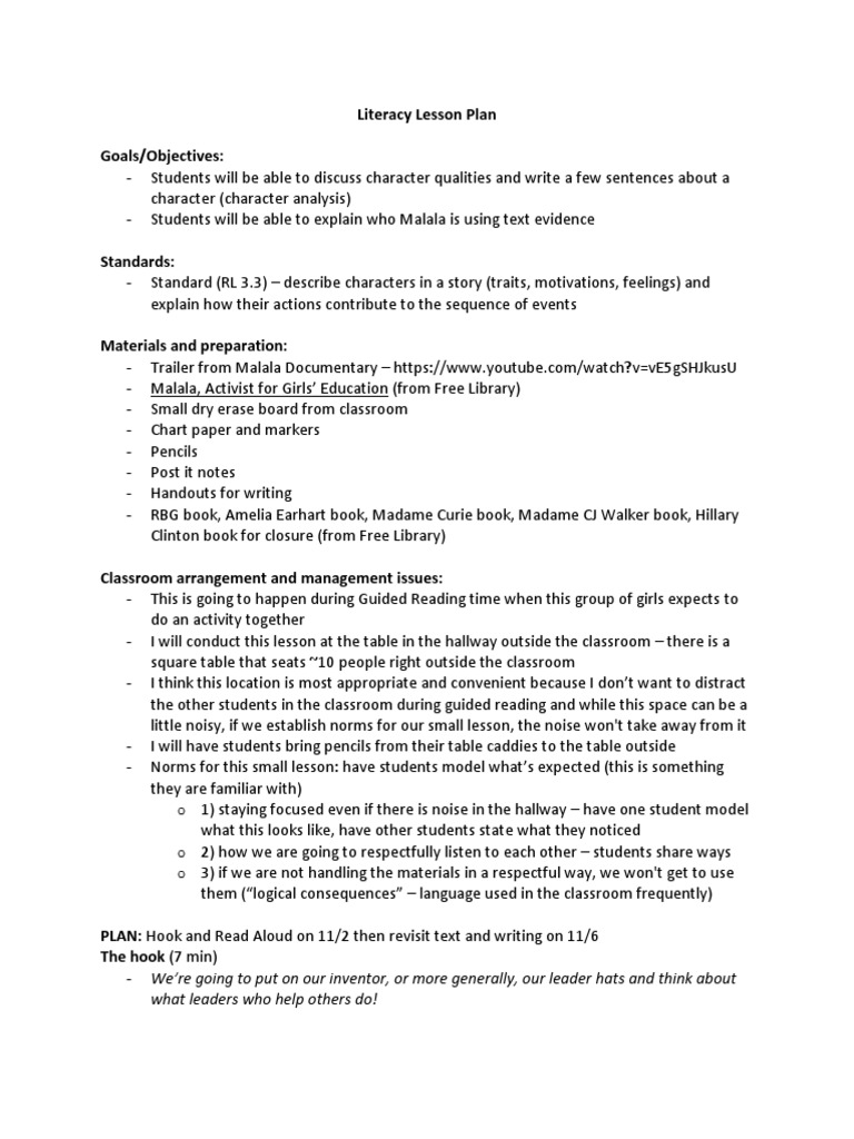 Revised Literacy Lesson Plan | PDF | Malala Yousafzai | Classroom