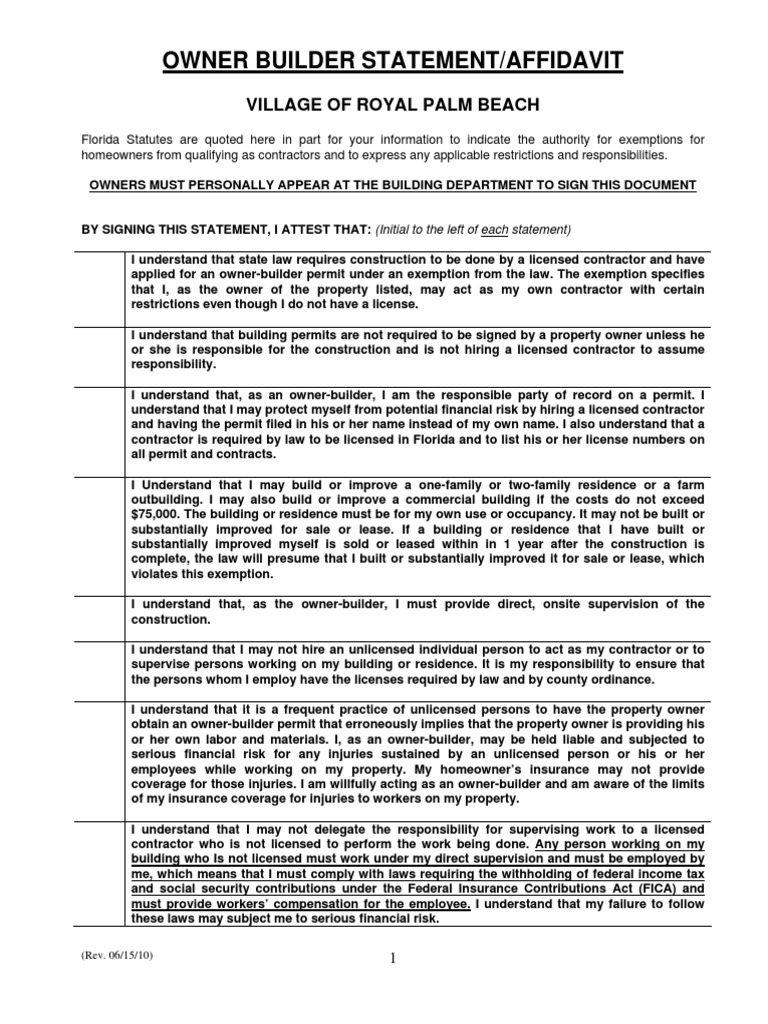 Owner Builder Statement/Affidavit: Village of Royal Palm Beach | PDF ...
