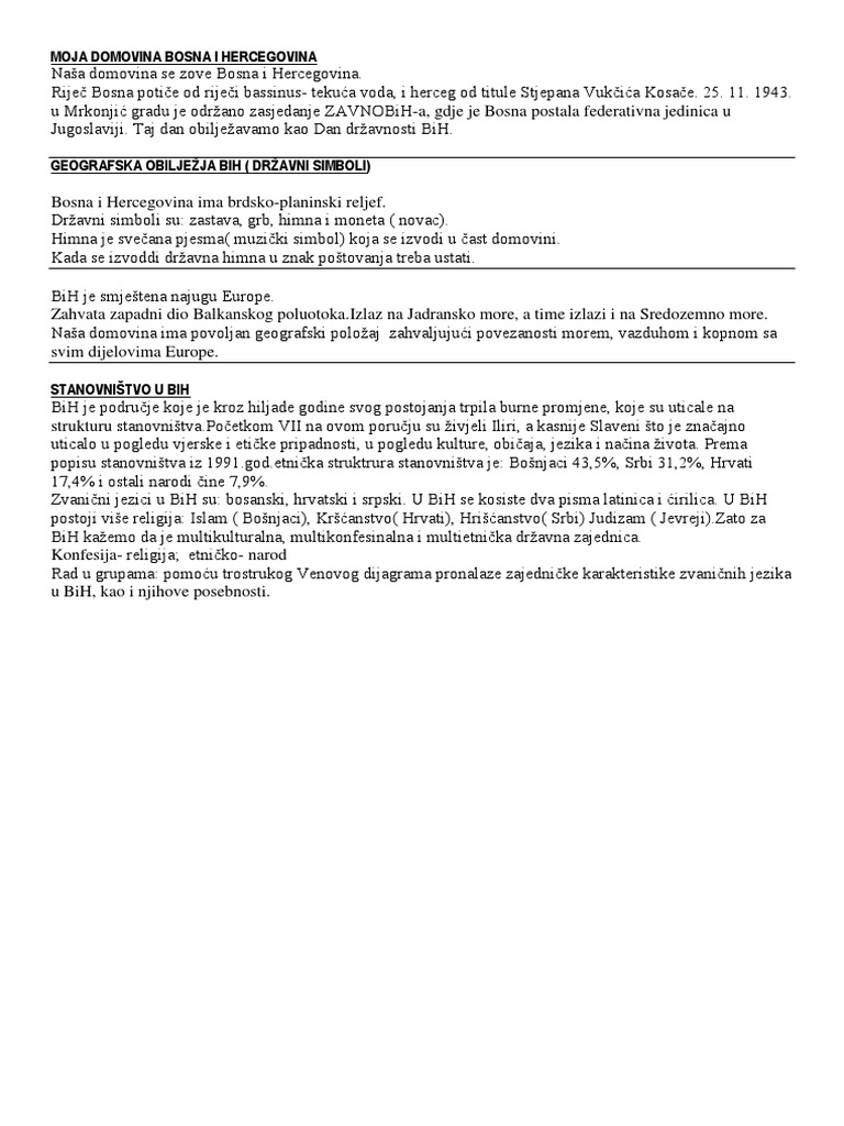 Moja Domovina Bosna I Hercegovina | PDF