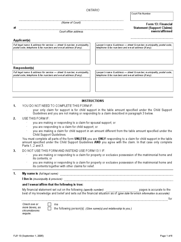Form 13: Financial Statement (Support Claims) Sworn/affirmed at | PDF ...