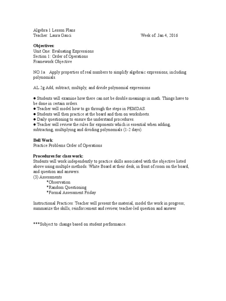 Algebra 1 Lesson Plans 1-4 | PDF