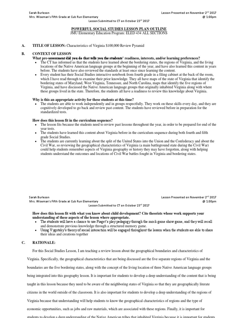 Virginia Geography Lesson Plan | PDF | Educational Assessment | Primary ...