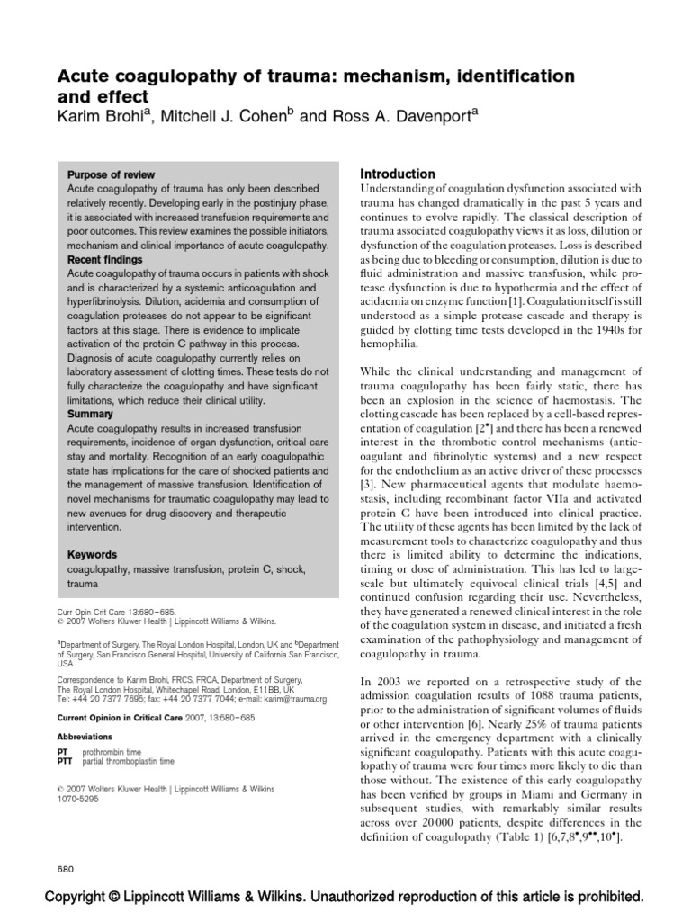 Acute Coagulopathy of Trauma: Mechanism, Identification and Effect ...