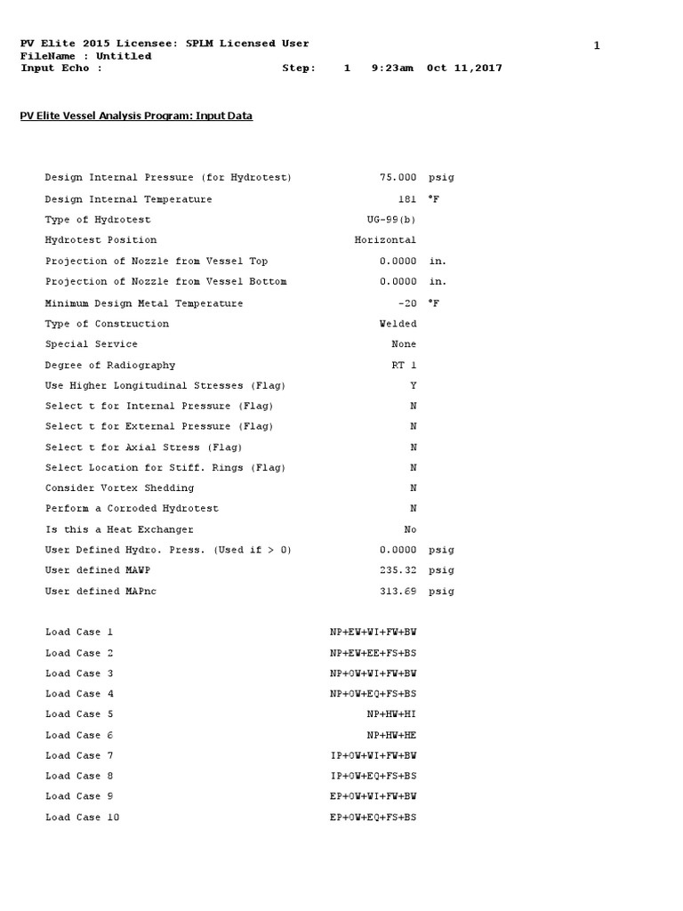 PV Elite Vessel Analysis Program Horizontal | Pressure | Pounds Per ...