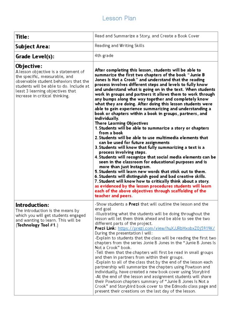 Lesson Plan: Title: Subject Area: Grade Level(s) : Objective | Download ...