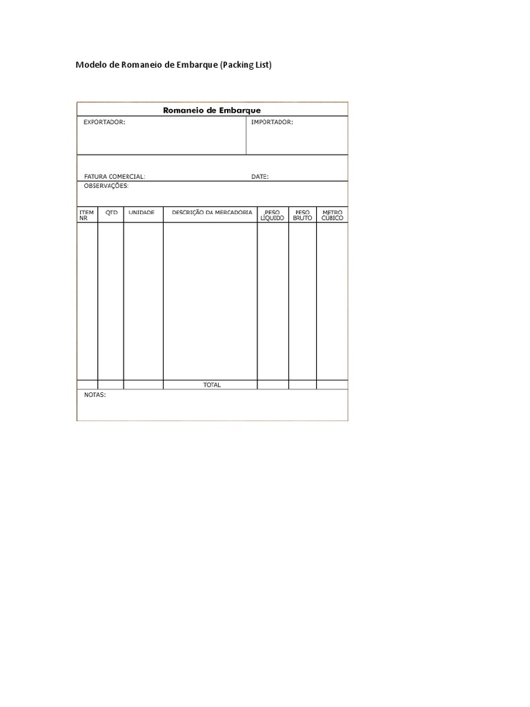 Modelo de Romaneio de Embarque (Packing List)