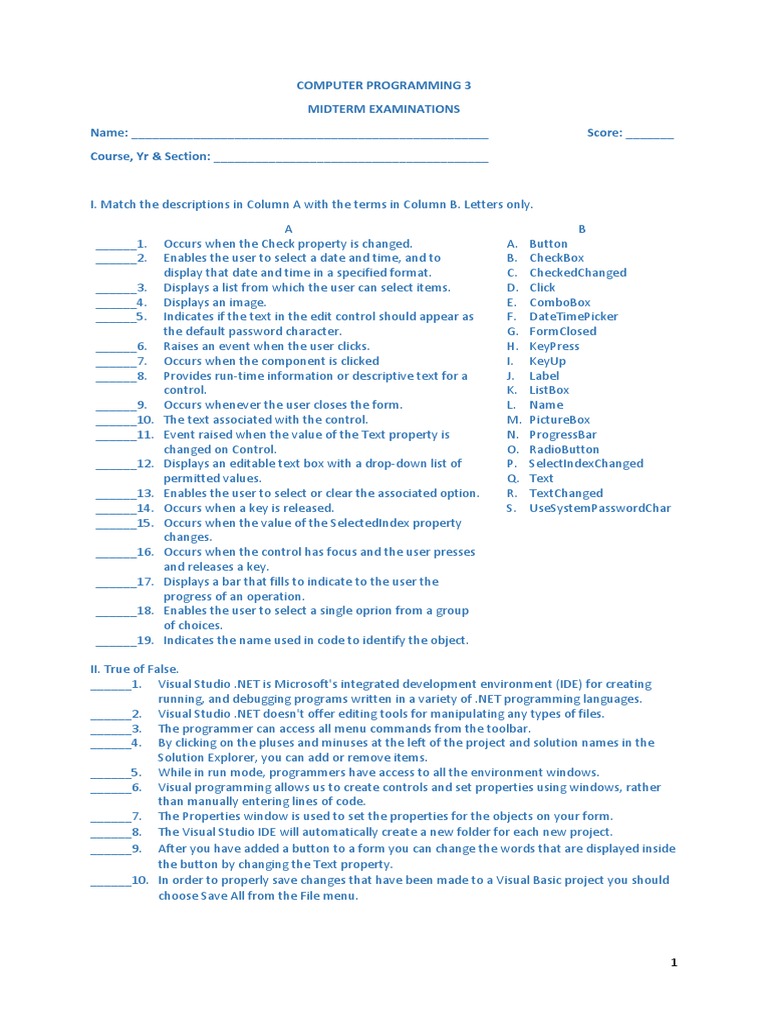Computer Programming 3 Midterm Examinations Name: - Score: - Course, Yr ...