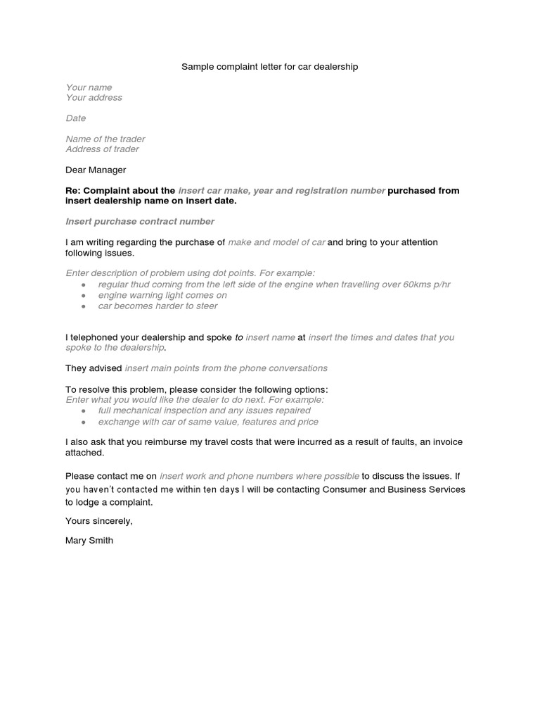 Sample Complaint Letter for Car Dealership | PDF | Business | Finance ...