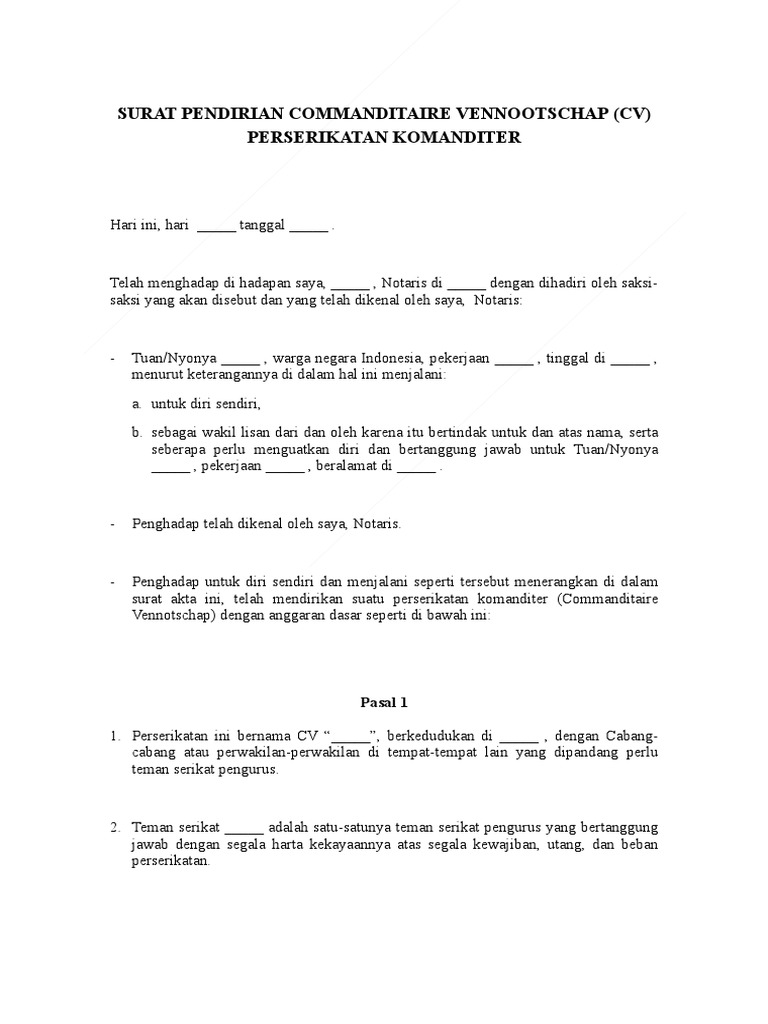 Surat Perjanjian Pendirian Commanditaire Vennootschap (CV) | PDF