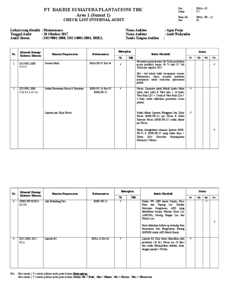 Checklist Internal Audit - Maintenance (2017) | PDF