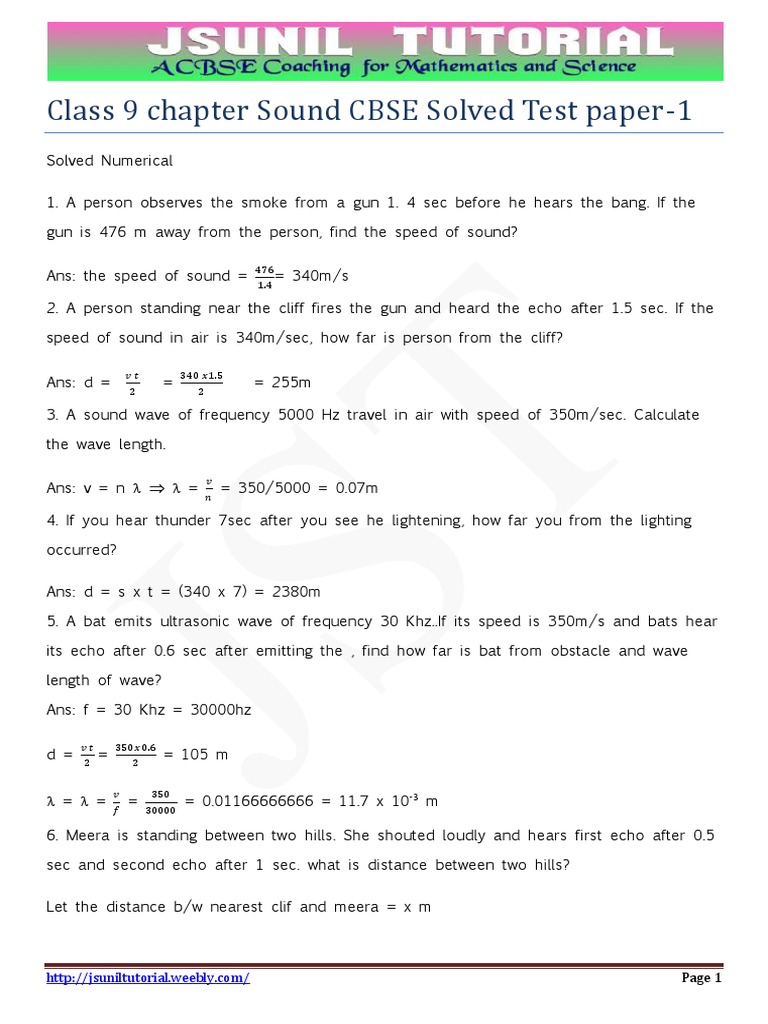 9th Sound Solved Numerical Test Paper-1 | Sound | Frequency