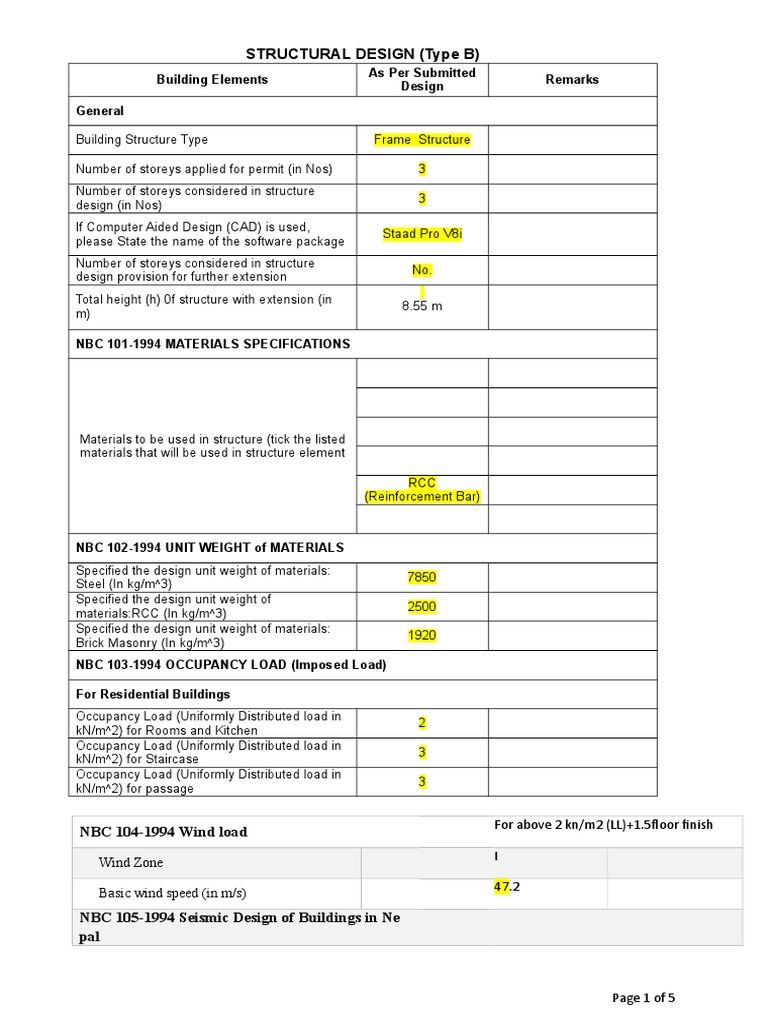 Structural Design (Type B) : Building Elements As Per Submitted Design ...