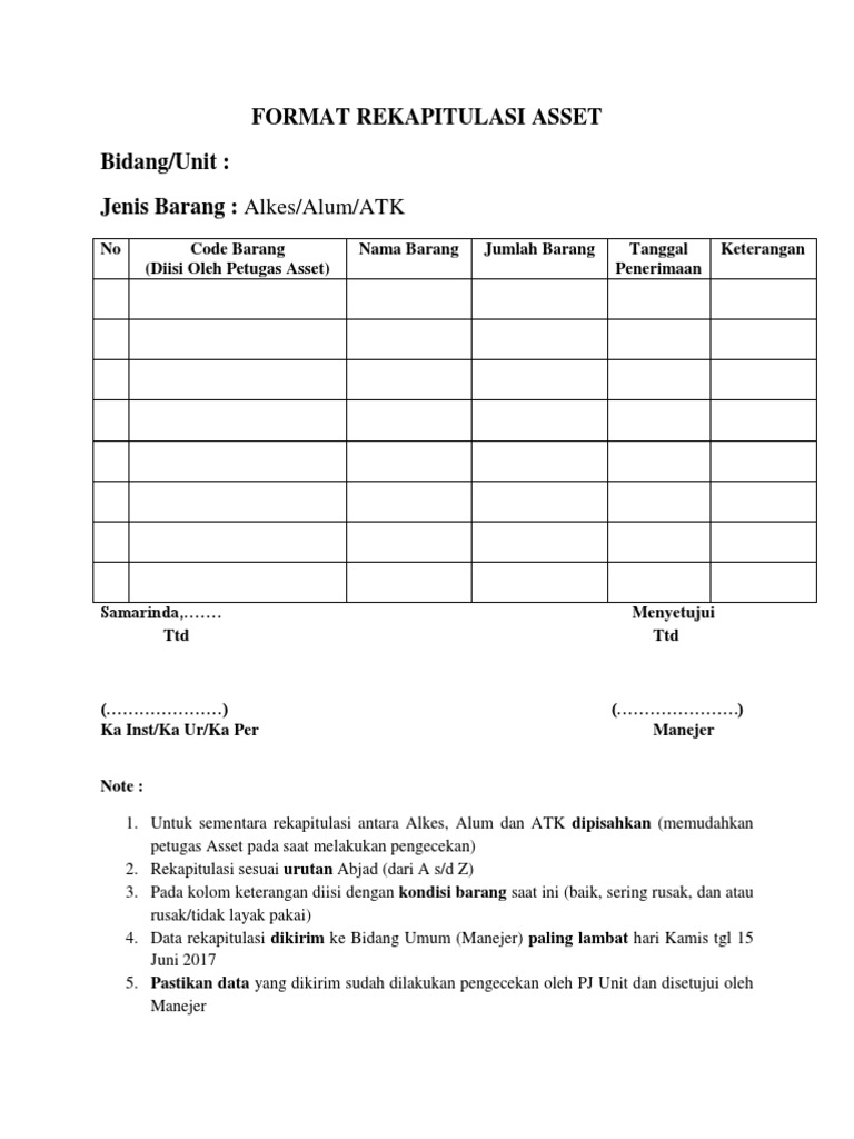Format Rekapitulasi Asset | PDF | Teknologi & Rekayasa