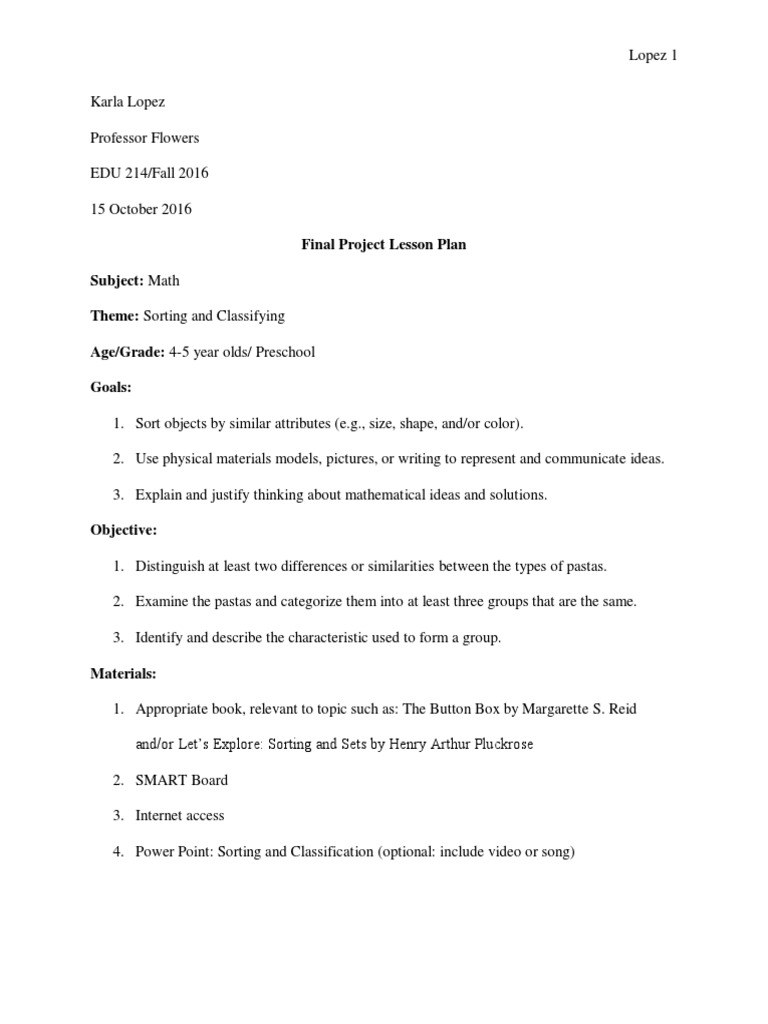 Final Project Lesson Plan Subject: Math Theme: Sorting and Classifying ...