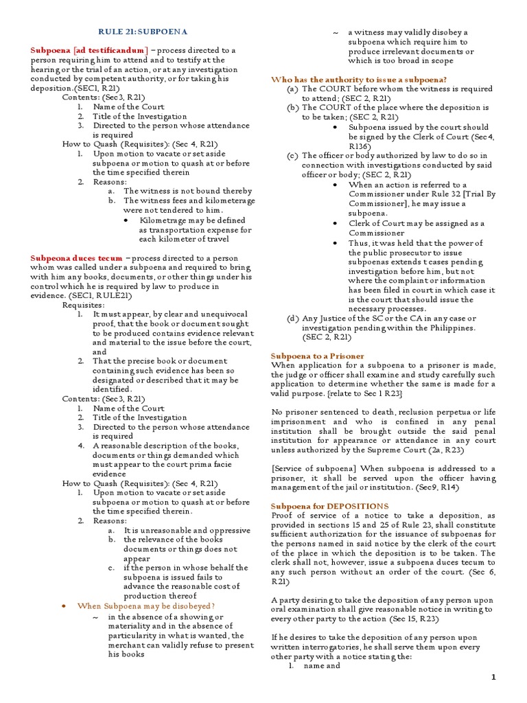 Notes On Phil Civil Procedure RULE 21 - Rule 45 | PDF | Deposition (Law ...