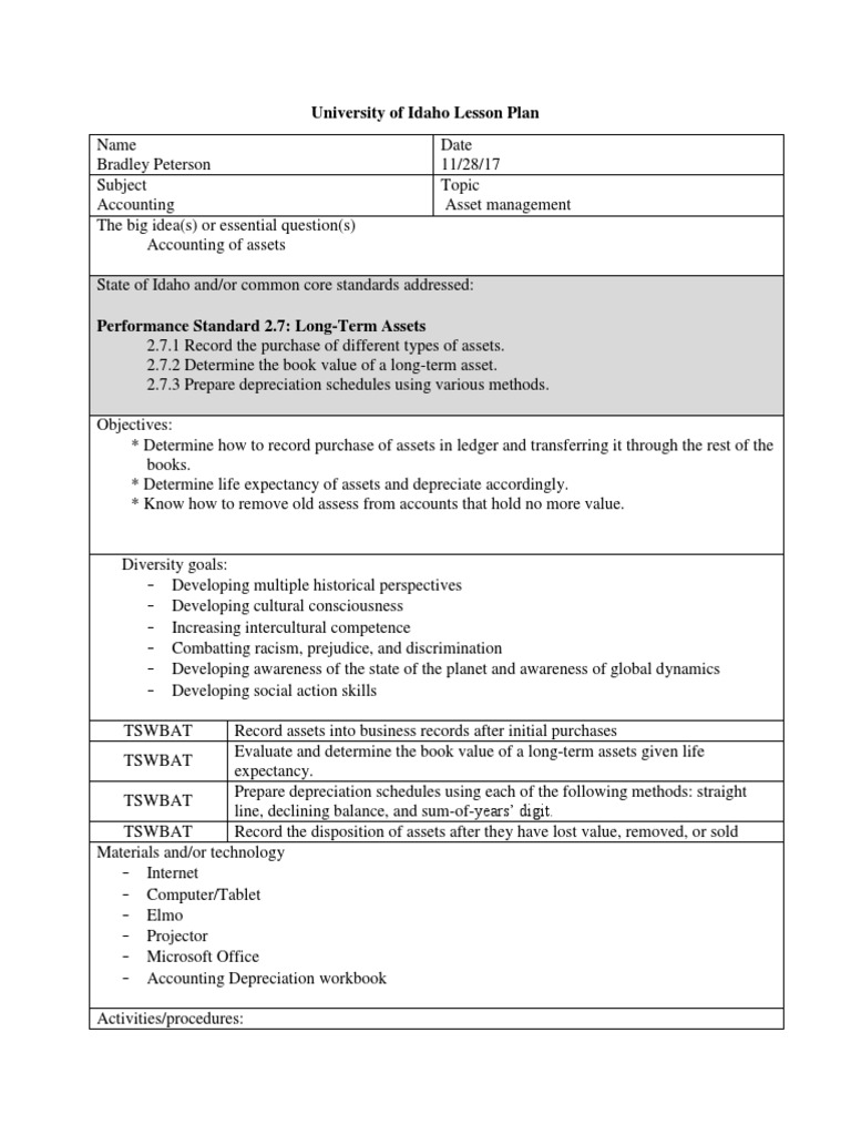 University of Idaho Lesson Plan | PDF | Depreciation | Book Value