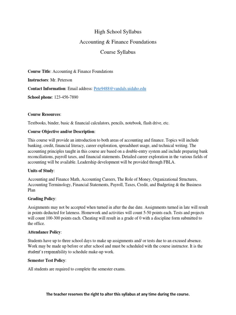 Accounting 1 Syllabus | PDF | Academic Dishonesty | Syllabus