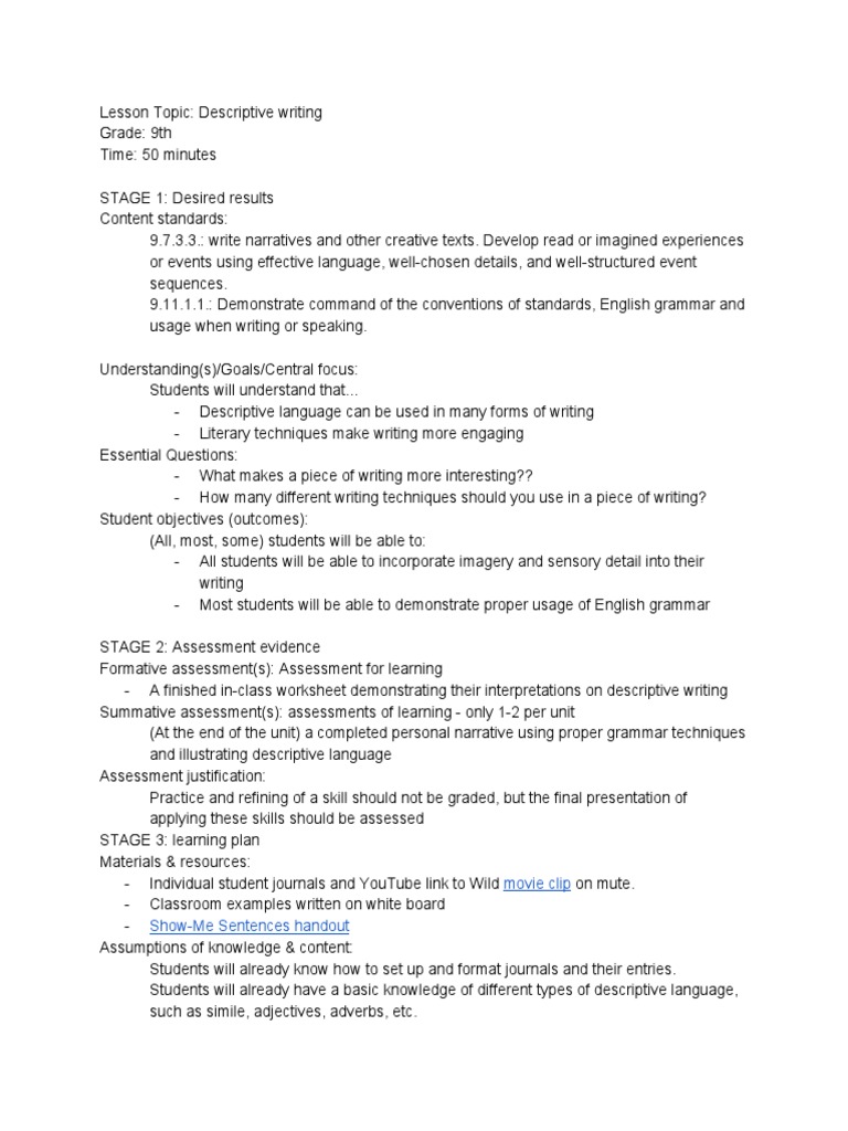 Lesson Plan - Descriptive Writing | PDF | Education Theory | Cognition