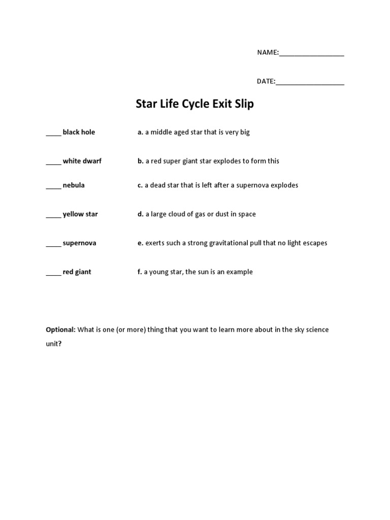 Star Life Cycle Quiz Exit Slip | PDF | Science & Mathematics | Young Adult