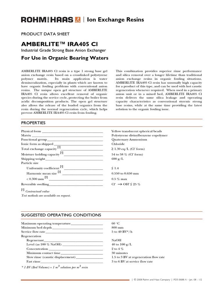 Amberlite™ Ira405 CL: Ion Exchange Resins | PDF | Chloride | Ion Exchange