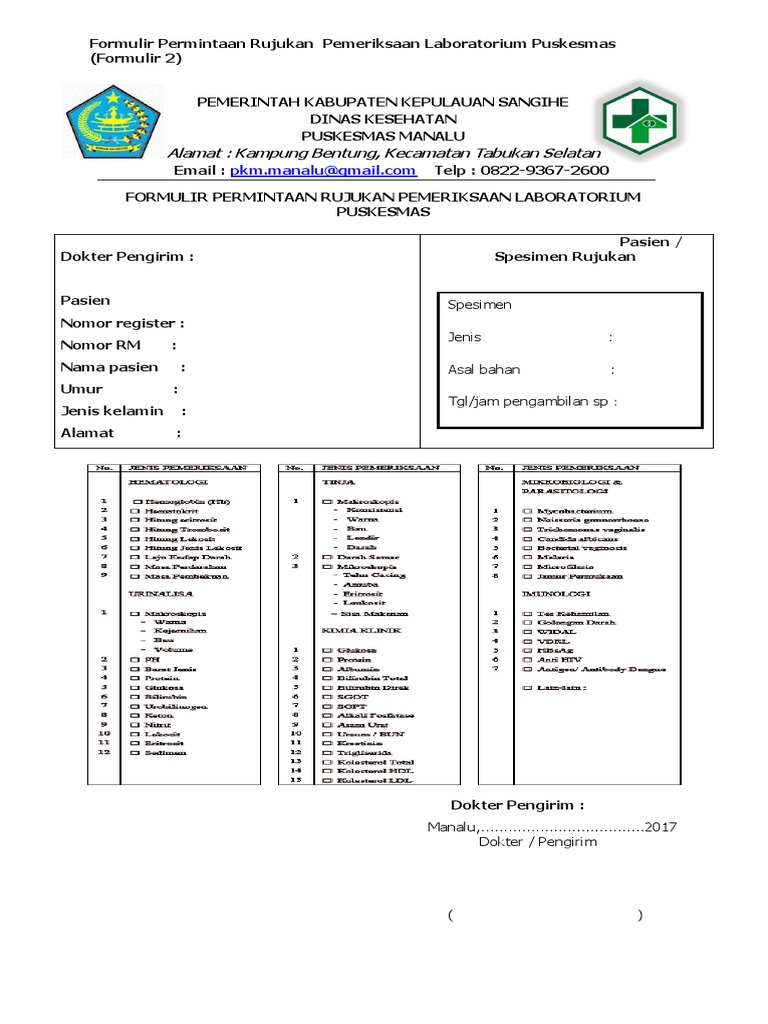 Formulir Permintaan Rujukan Pemeriksaan Laboratorium Puskesmas | PDF