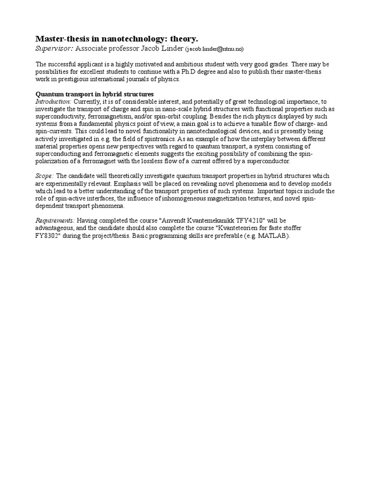 Master-Thesis in Nanotechnology: Theory.: Supervisor: Associate ...