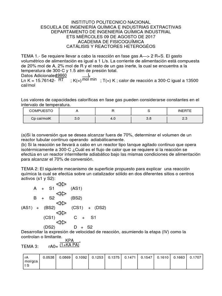 Examen de Catálisis de Reactores Heterogéneos | PDF | Reactor Quimico | Catálisis
