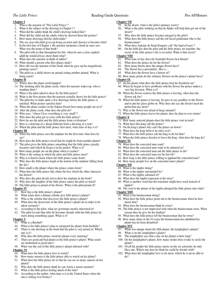 Little Prince Chapter Questions Guide | PDF | The Little Prince