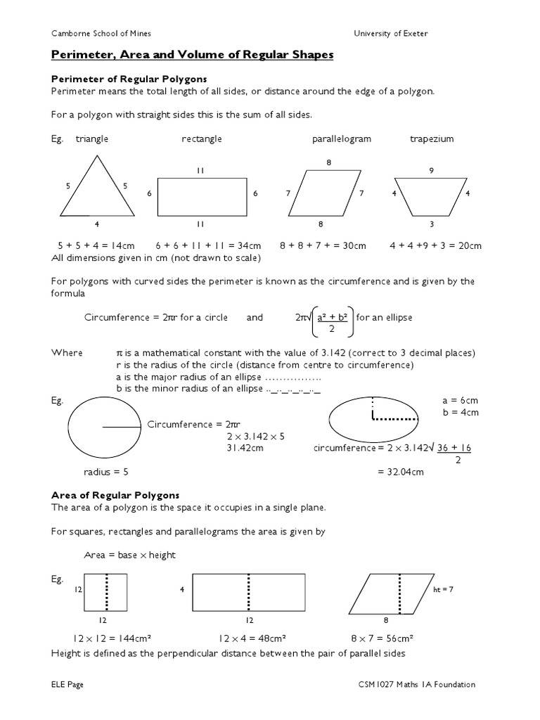 Perimeter, Area and Volume of Regular Shapes | PDF | Area | Volume