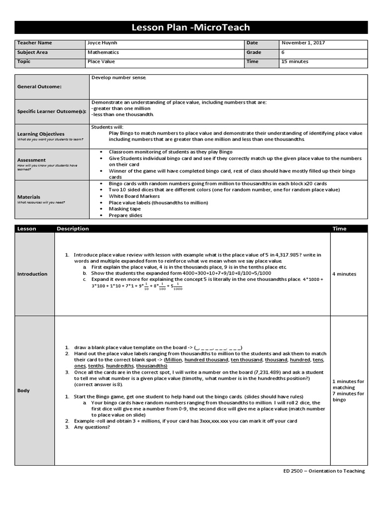 Lesson Plan Microteach Teacher Name Date Subject Area Grade Topic