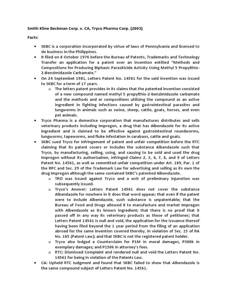 Smith Kline Beckman Corp. v. CA, Tryco Pharma Corp. (2003) Facts | PDF ...