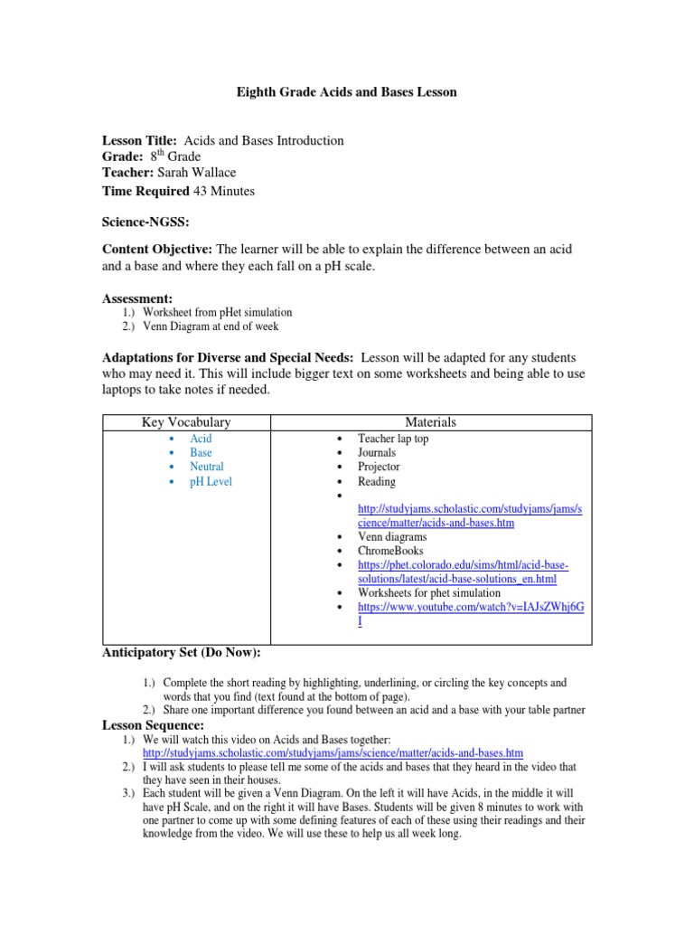 acid and base intro lesson plan | Ph | Cognition