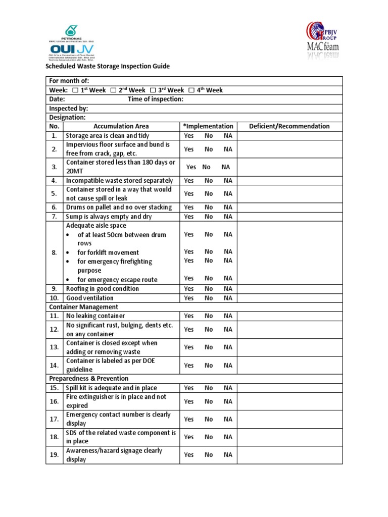 Waste Storage Inspection Checklist | PDF | Nature